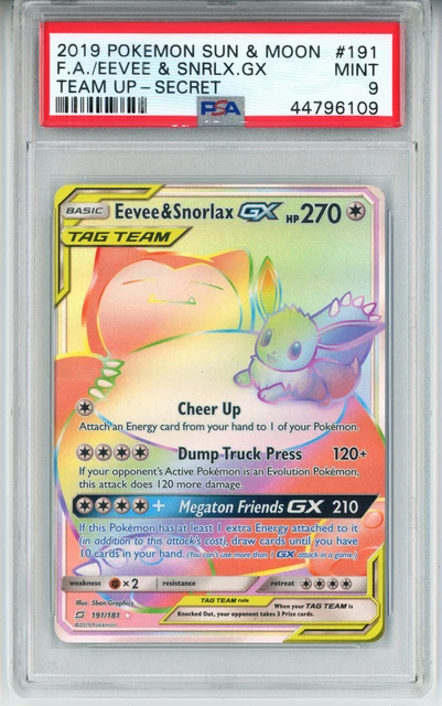 POKEMON TEAM UP Eevee & Snorlax Gx #191 Secret Rare Holo Psa 9 Mint ...