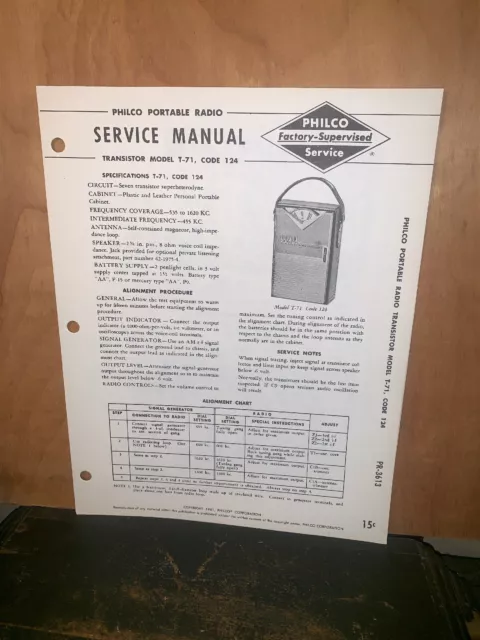 PHILCO TRANSISTOR RADIO Model T-71 Service Manual Schematics Parts List ...