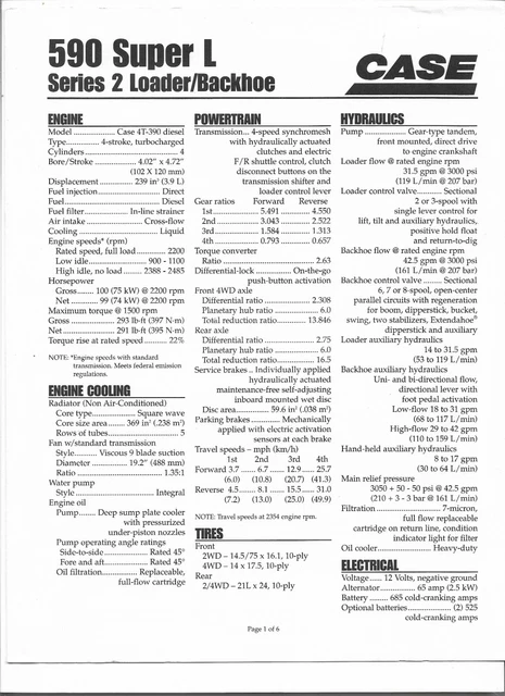 ORIGINAL CASE 590 Super L Series 2 Loader Backhoe Specifications Sheet ...