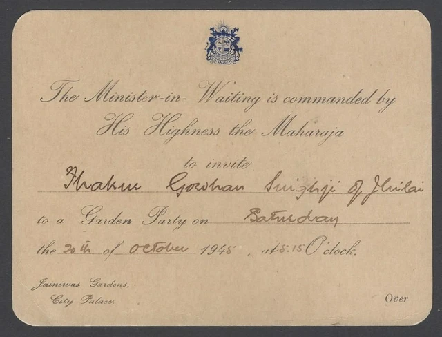AOP INDIA JAIPUR STATE crested 1945 invitation card $5.00 - PicClick
