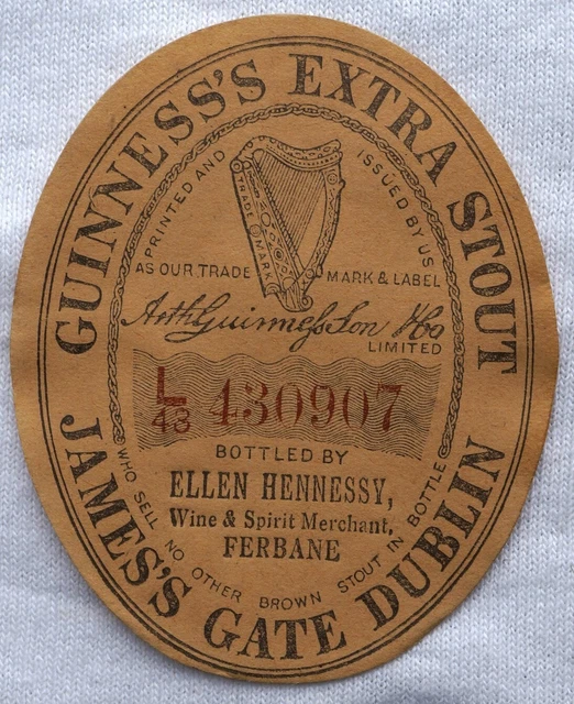 IRISH GUINNESS BOTTLE Label Ellen Hennessy Ferbane Offaly Ireland WW2 ...