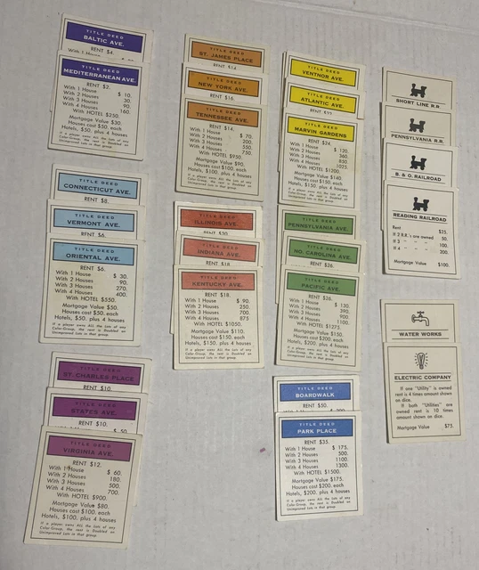 MONOPOLY REPLACEMENT PARTS/PIECES-TITLE Deed Cards, Complete Set, Vtg ...