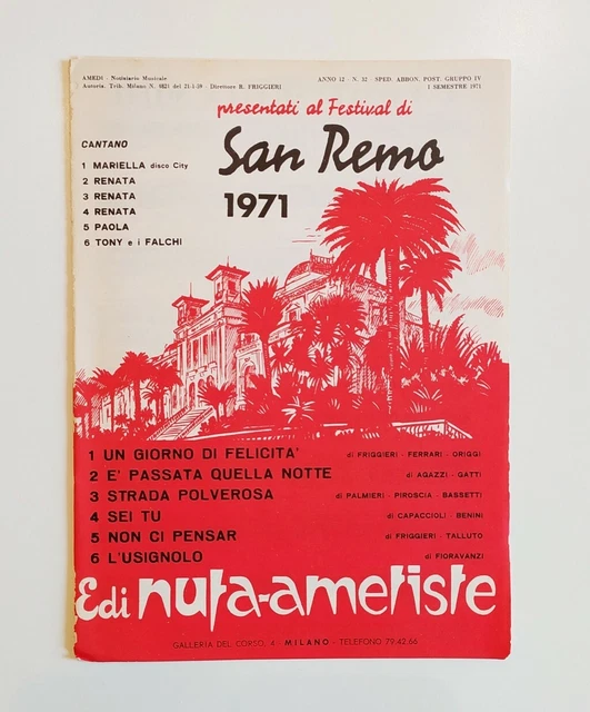 SAN REMO 1971 Mariella / Renata / Paola / Tony e i Falchi Spartito ...