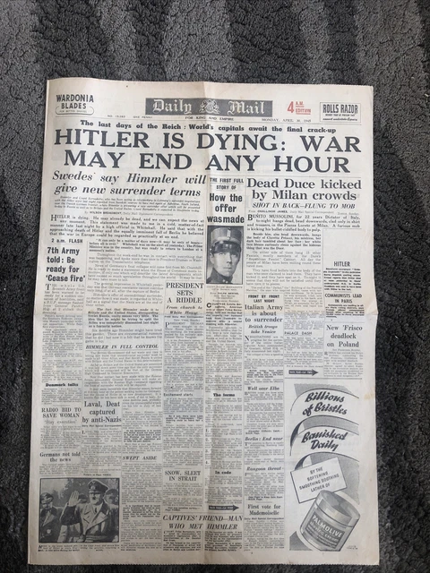 DAILY MAIL APRIL 30 1945 Hitler Dead Bunker Berlin Himmler Surrender ...