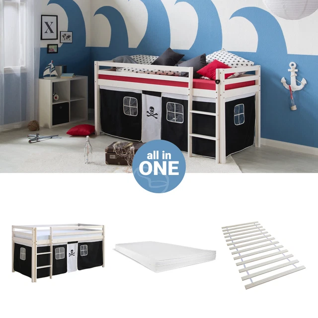 LIT SUPERPOSÉ 90X200 Matelas d'enfant mezzanine Lattes Rideau Pirate ...