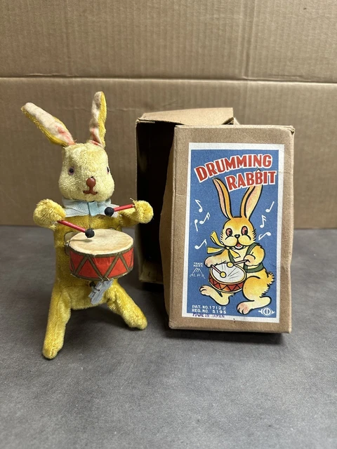 VINTAGE JAPAN ALPS MECHANICAL Wind Up Drumming Bunny w/ Box Hard To ...