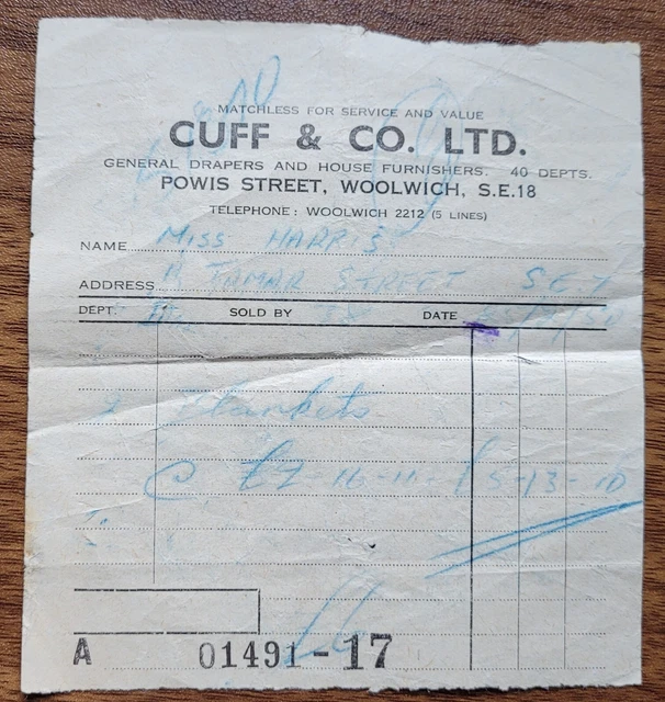 1950 CUFF & Co. Ltd, Woolwich, Drapers & Furnishers Receipt To Harris ...