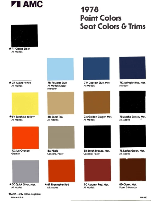 1978 AMC PAINT Color Chart - Concord Amx Pacer £7.25 - PicClick UK