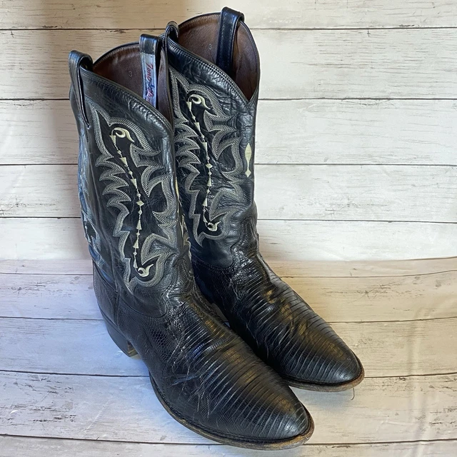 VINTAGE RED LABEL Tony Lama Boots Mens 13 D Black Leather Teju Lizard ...