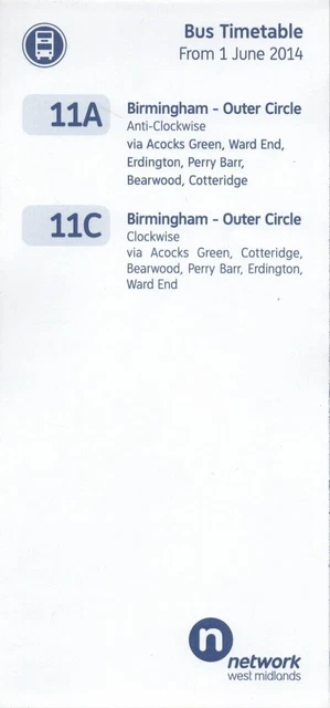 NETWORK WEST MIDLANDS Bus Timetable -11A/11B- Birmingham Outer Circle ...