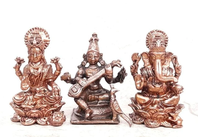 ANTIQUE HANDMADE COPPER Goddess Lakshmi Saraswathi and Ganesh Idol ...