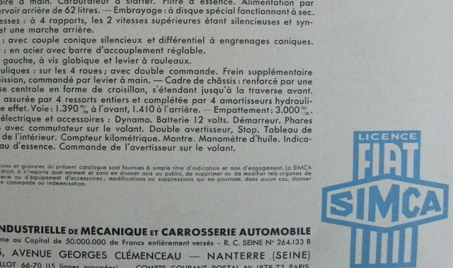 BROCHURE FIAT SIMCA 11 cv de 1947 EUR 32,00 - PicClick FR