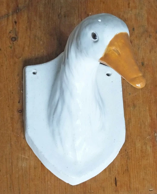VINTAGE ANTIQUE BAVENT French faience tin glazed goose head plaque wall ...