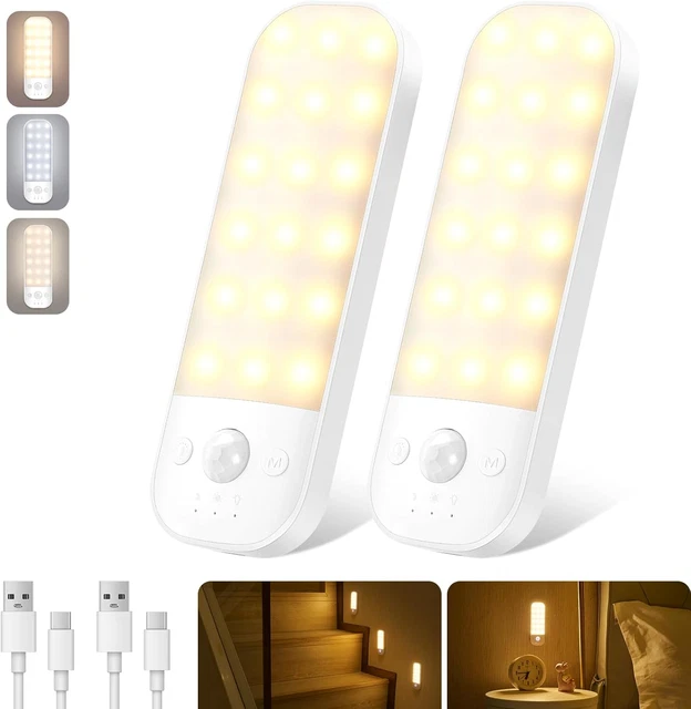 MOTION SENSOR LIGHTS Indoor, 2 Pack USB Rechargeable LED Night Light ...