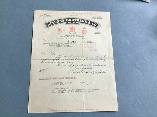 SISSONS BROTHERS & Co Ltd 1930 Varnish Enamels Paint Hull receipt ...