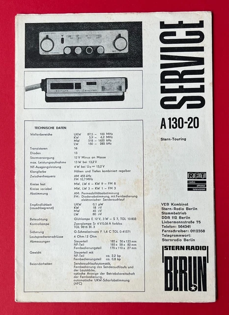 DDR RFT SERVICE Anleitung VEB Stern Radio Berlin 1971 Stern Touring ...