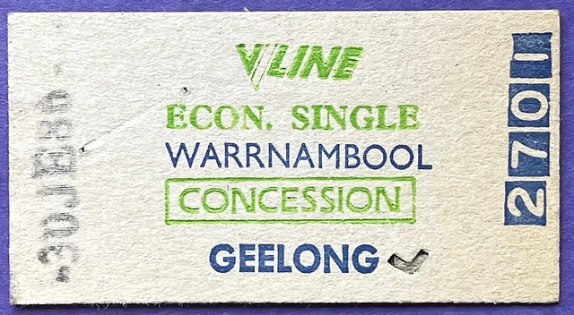 V/LINE TICKET - WARRNAMBOOL to GEELONG - 1986 Concession Economy Single ...
