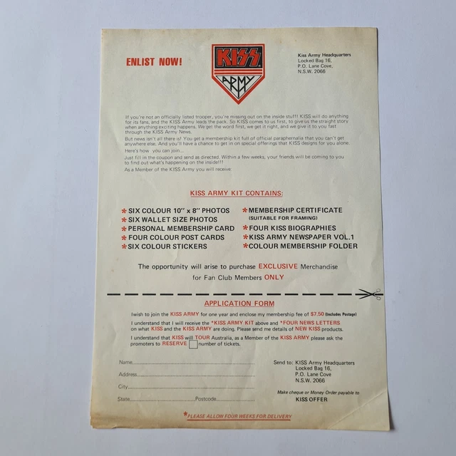KISS MEMORABILIA- 1980 Original Kiss Army Kit Enlist Application Form ...