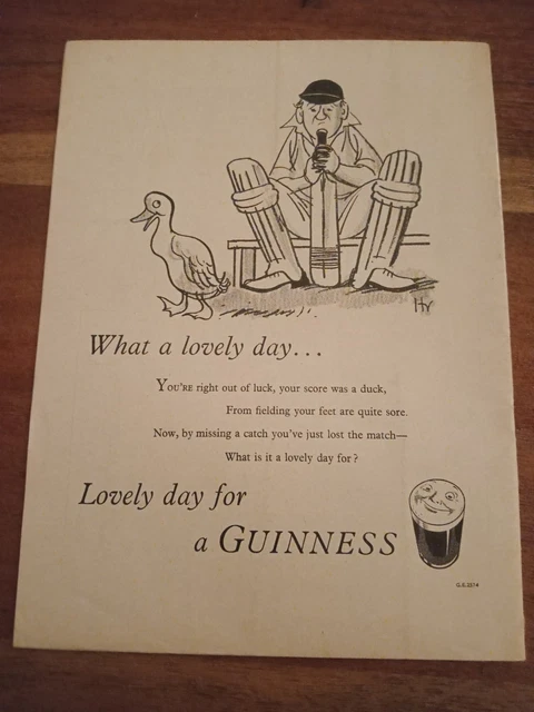 GUINNESS 1955 PRINT Advertising Vintage Art Cricket Cricketer Rare ...