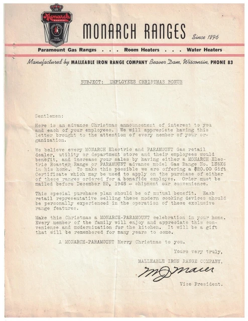 1940S TYPED LETTER Monarch Electric Ranges Beaver Dam WI #298 Christmas ...