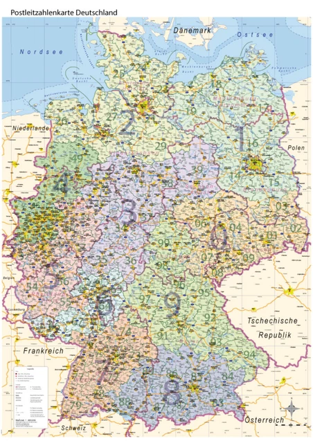 POSTLEITZAHLENKARTE PLZ DEUTSCHLAND mit Bundesländern, laminiert, 84 x ...