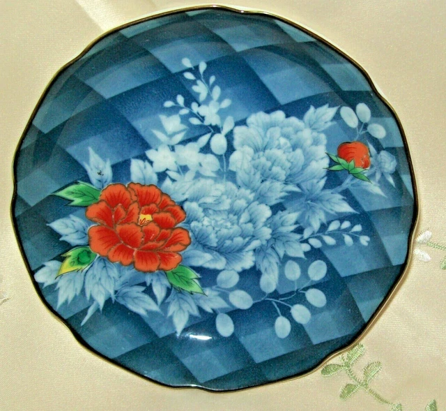 JAPANESE JUZAN GAMA Bowl Blue Check & Orange Peonies - Width 14cm ...