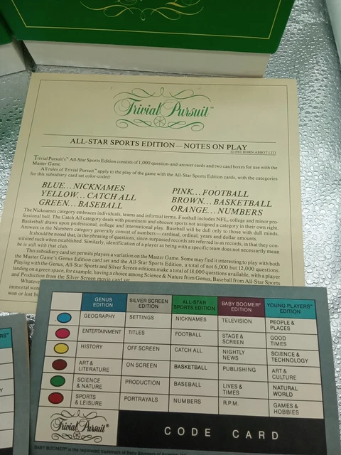TRIVIAL PURSUIT ALL Star Sports Edition Card Subsidiary Set Use with ...