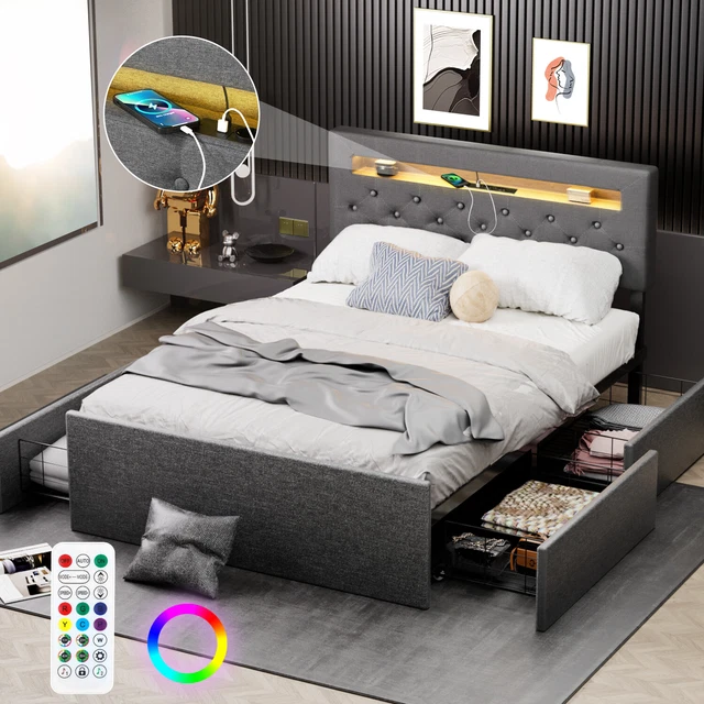 OYAJIA 4FT6 DOUBLE Bed Frame LED Upholstered Headboard 4 Storage ...