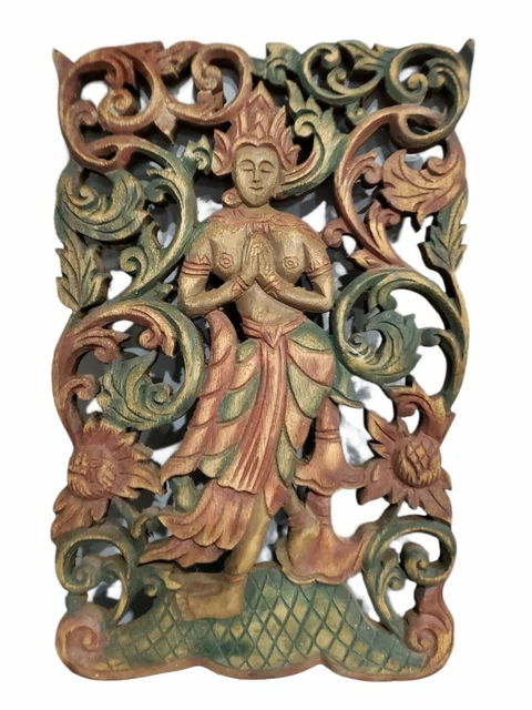Bali Goddess Wall Panel Indonesian Hand Carved Wood Relief Sculpture
