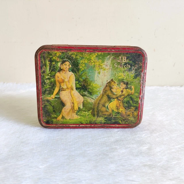 1950S VINTAGE BHARAT Fighting Lion Graphics JB Sweets Advertising Tin ...