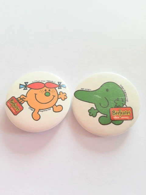 2 X VINTAGE Mr Men Nosey And Little Miss Trouble Tin Pin Badges 1980'S ...