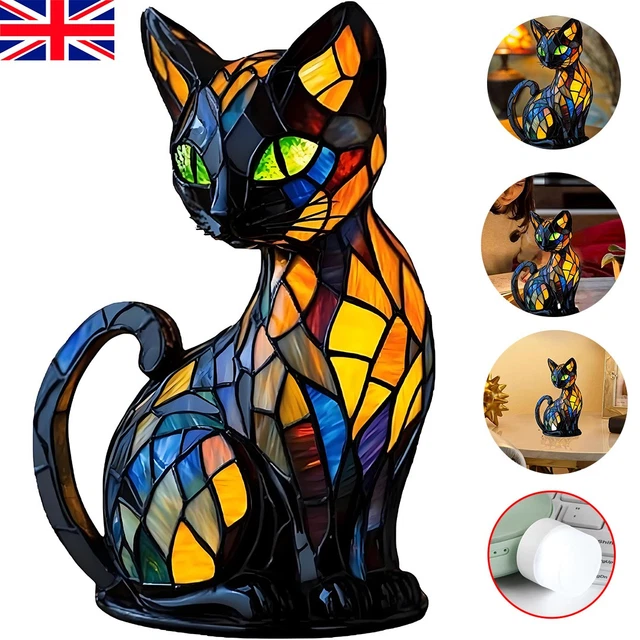 STAINED GLASS TABLETOP Cats Stained Resin Table Light Cat Lamp Home ...