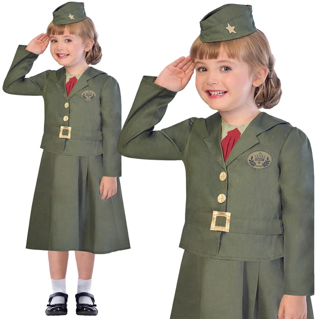 KIDS GIRLS WW2 Soldier Costume Army Officer 1940s Fancy Dress Outfit ...