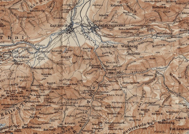 1895 ANTIQUE MAP Of Garmisch-Partenkirchen Zugspitze Wetterstein ...