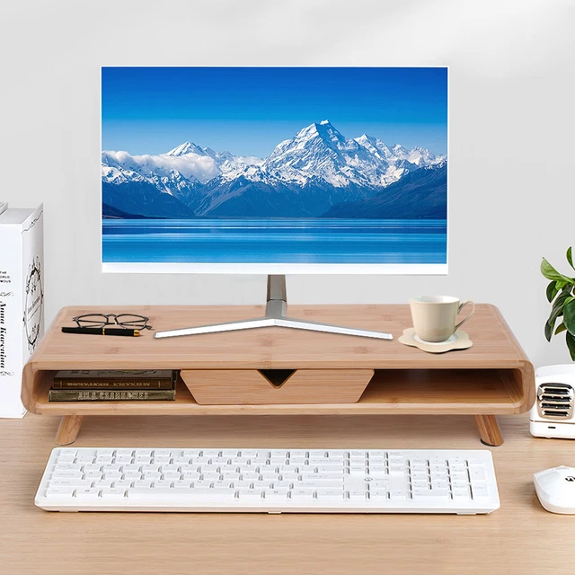 PC MONITOR STAND, Bamboo Screen Riser Rack for Computer,Desk Accessory ...