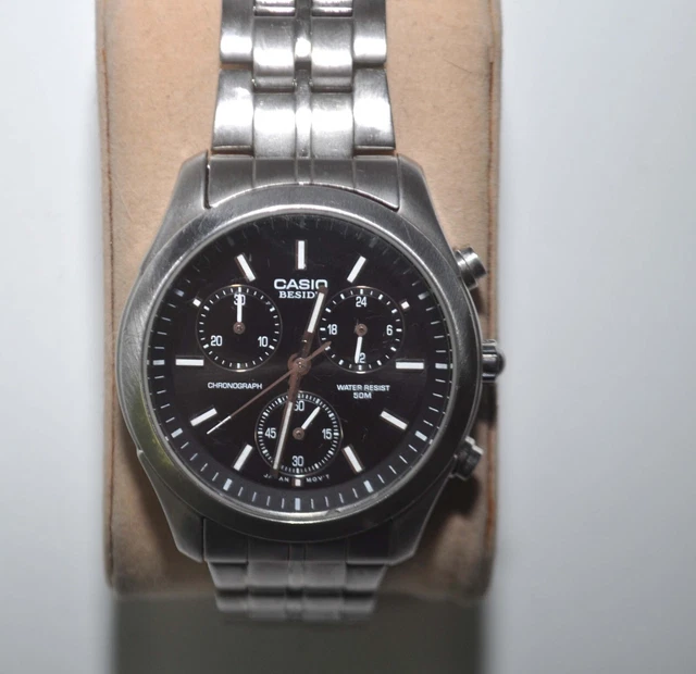 OROLOGIO VINTAGE CASIO Beside BEM-503D-1A Quadrante Nero Cronografo 39 ...