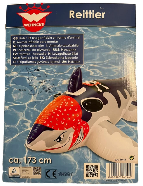 AUFBLASBARES SCHWIMMTIER REITTIER Hai Wehncke Poolspielzeug 173cm Groß ...