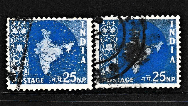 PRINT ERROR 2 stamps 25np "Series: Map of India and 5 year plan" India ...