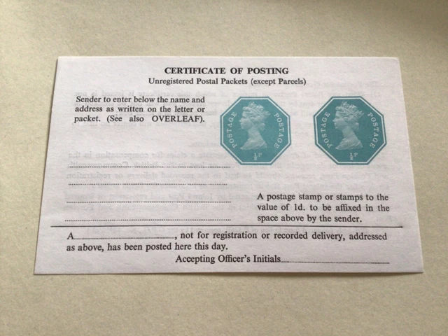 CERTIFICATE OF POSTING QE11 1/2d turquoise double except parcels A13711 ...