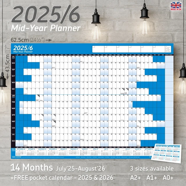 2025-2026 MID-YEAR WALL Calendar A2+ Planner Academic Home Office 14 ...