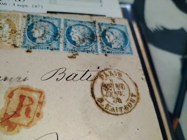 LETTRE CLASSIQUE CÉRÈS no 59 et bloc de 3 no 60crecommandée 1874 Ceres ...