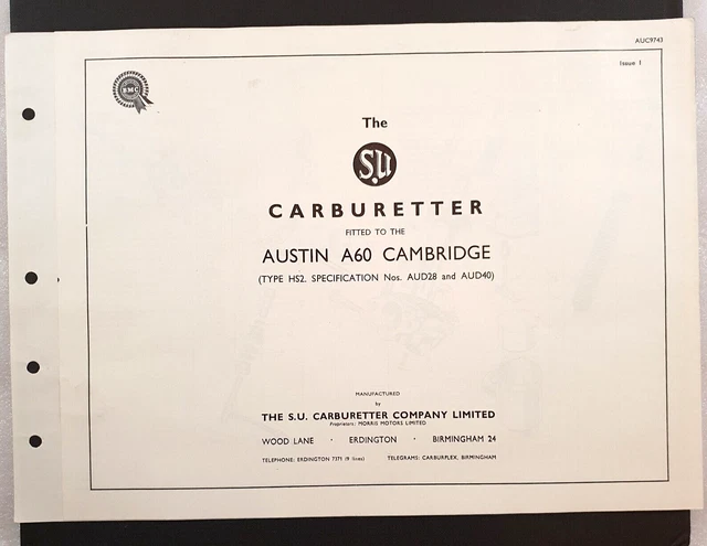 BMC ORIGINAL SU Carburetter Parts List For Austin A60 Mk3 Cambridge HS2 ...