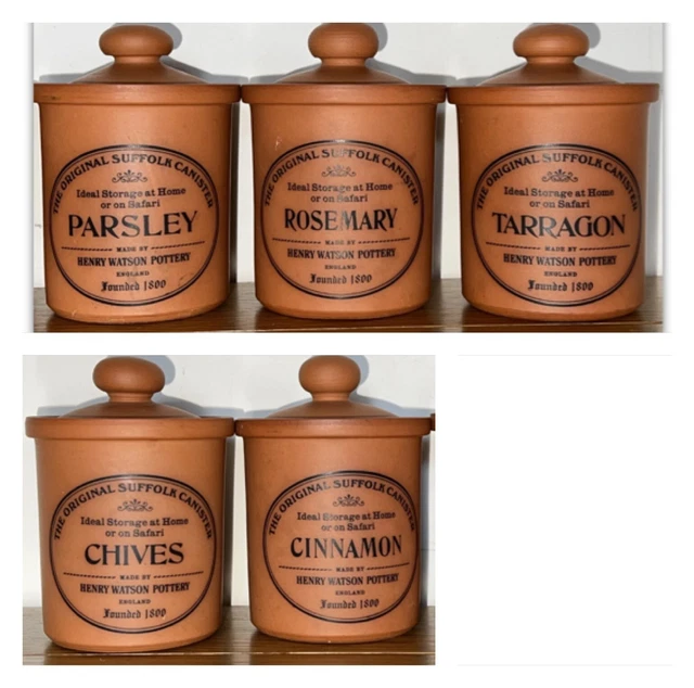 5 HENRY WATSON Pottery Original Suffolk Canister Terracotta Spice Jars ...