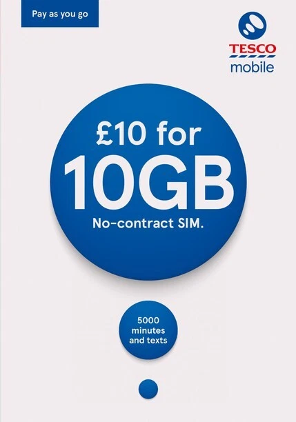 TESCO MOBILE NO Contract SIM CARD 4G/5G 5000 Mins &Texts 10GB Data ...