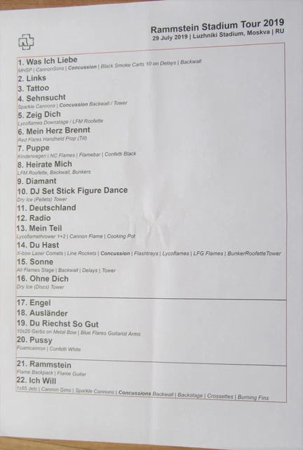 RAMMSTEIN SET LIST Moscow (RU) 'Europe Stadium Tour' 2019 EUR 14,99 ...