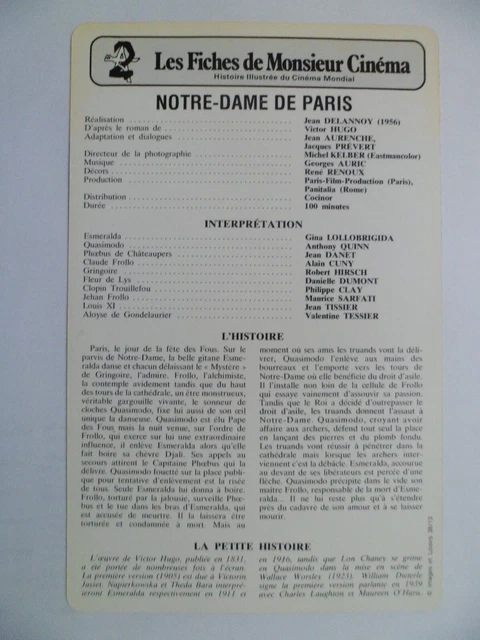 CARTE FICHE CINEMA 1956 NOTRE DAME DE PARIS Gina Lollobrigida Anthony ...