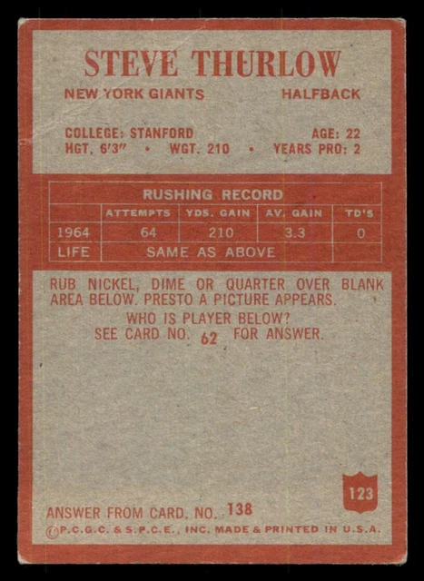 CARTE DE FOOTBALL 1965 Philadelphia Steve Thurlow basse qualité #123 ...