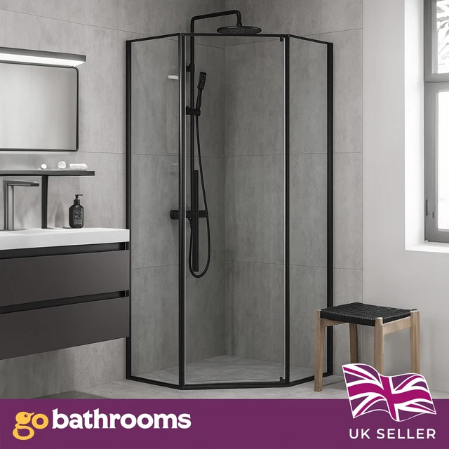 BLACK SHOWER ENCLOSURE Pentagon Corner Cubicle Easy Clean Aluminium ...