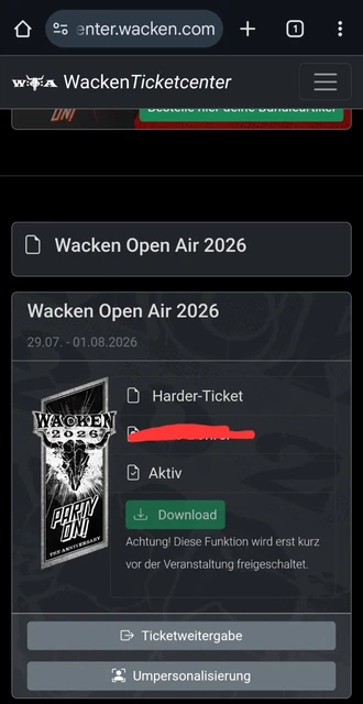 WACKEN 2026 1X Harder Ticket EUR 370,00 - PicClick DE