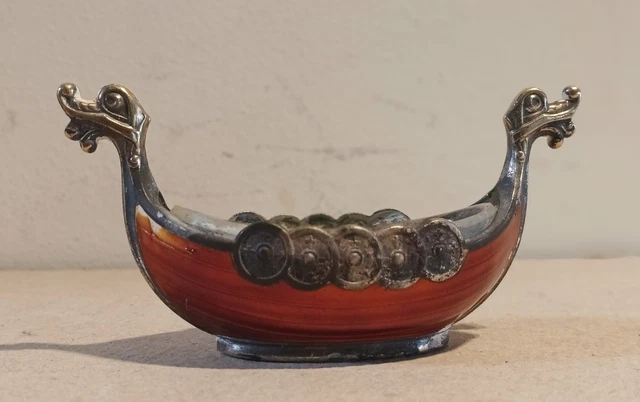 VINTAGE THEODORE OLSEN Scandinavian Norway silver salt viking boat ...